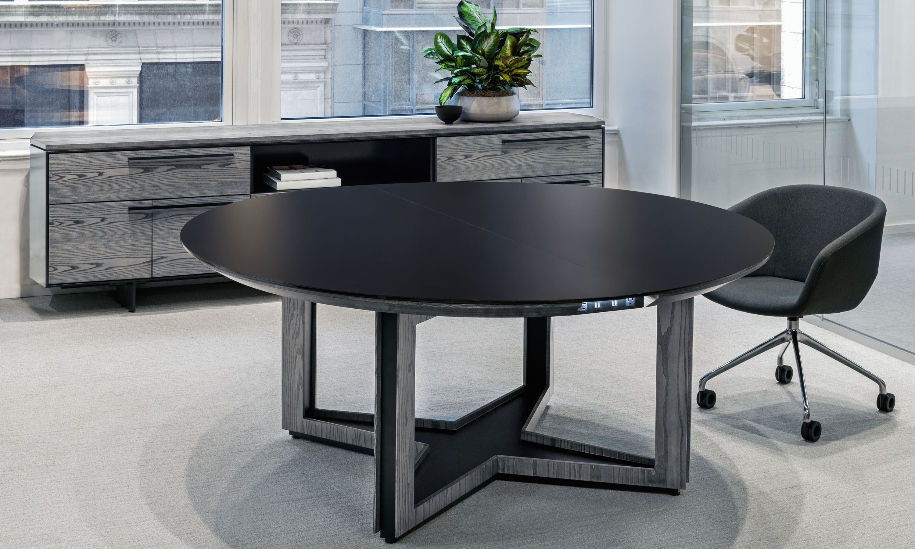 Ascari Conference | Round Glass Top Table | Veneer Open Panel X Base ...