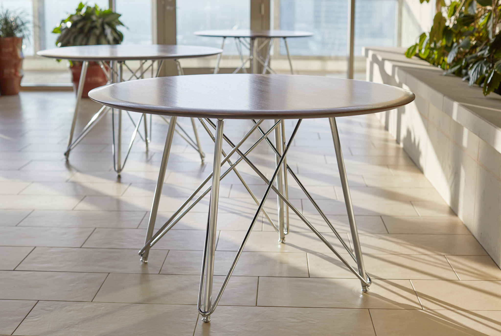 Baja | Meeting Table | Round Veneer Top | Polished Chrome Wire Frame ...