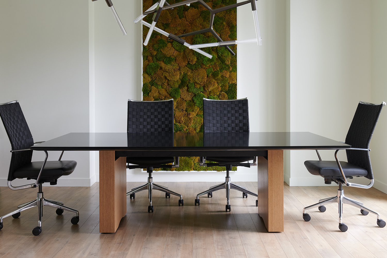 Flow | Conference Table | Black Glass Top | Oak Linea Rectangle Base ...