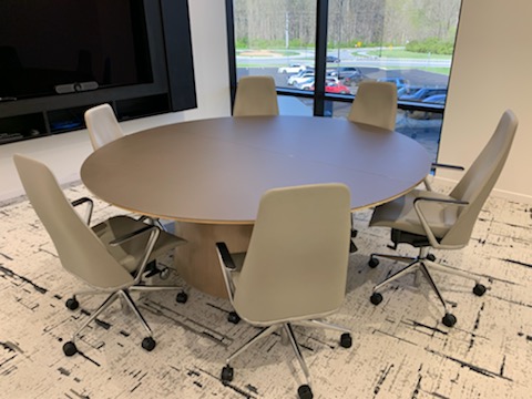 Flow | Round Glass Top Table | Veneer Cone Base | Nucraft Assets